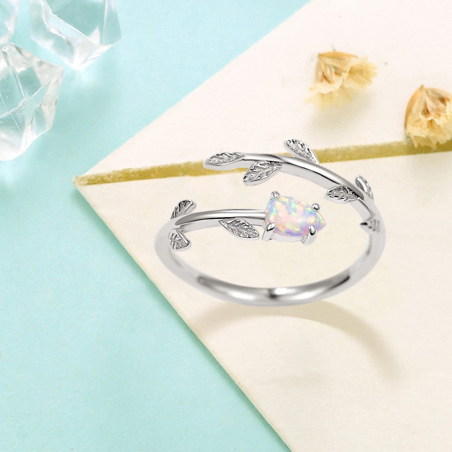 PRAYMOS 925 Sterling Silver Leaf Ring White Opal Rings for Women Adjustable Rings Wrap Opal Engagement Wedding Rings Size 7 8 9 Christmas Gifts for Women