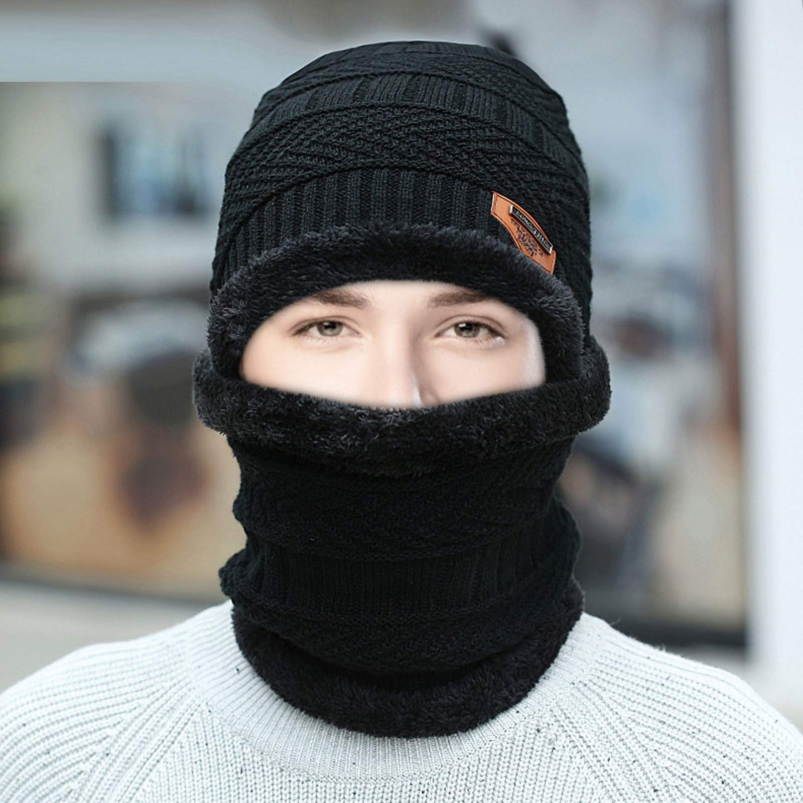Suit Woolen Winter Windproof Thermal Two-Piece Plush Scarf Cycling Hat Baseball Caps Dad Beanie Hat Black