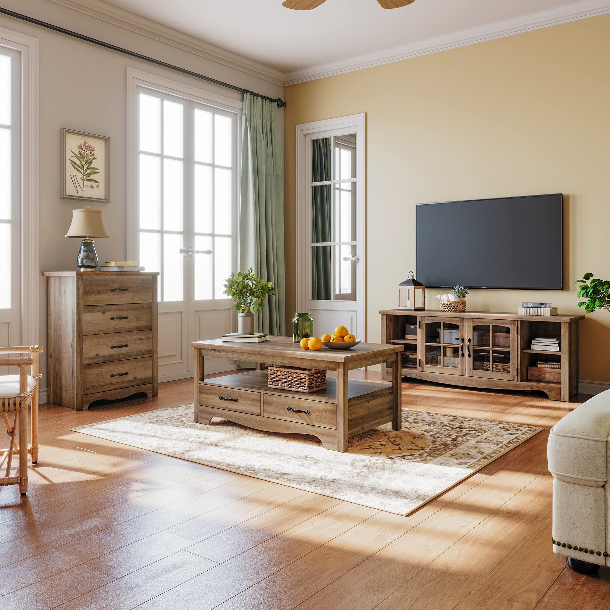 LINSY HOME Farmhouse Coffee Table with Storage, Wood Coffee Table for Living Room, Open Display Area and Storage Drawers with Metal Handles, Chic Style with Curved Base. Brown