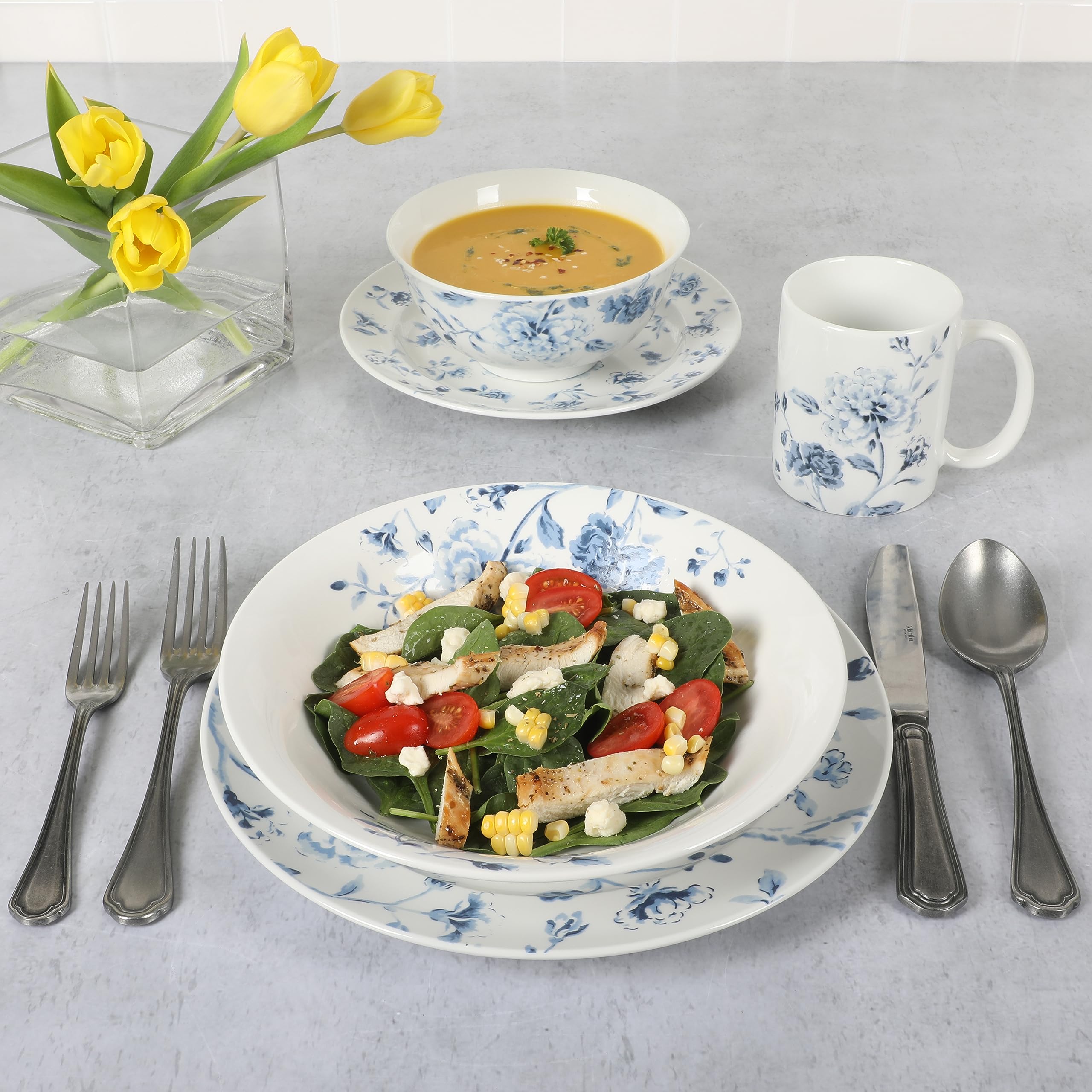 Martha Stewart Empress Bouquet Decorated Porcelain Dinnerware Plates and Bowls Set - Blue Floral, Service for 6 (30pcs)