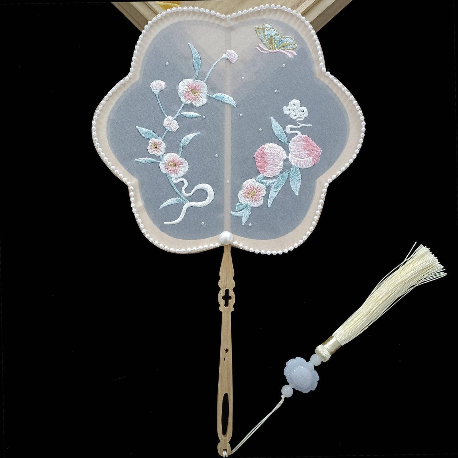 SAXTZDS Ancient Style Palace Fan Classical Embroidery Fan Wind Long and Short Handle Round Special-Shaped Group Fan Embroidery Fan