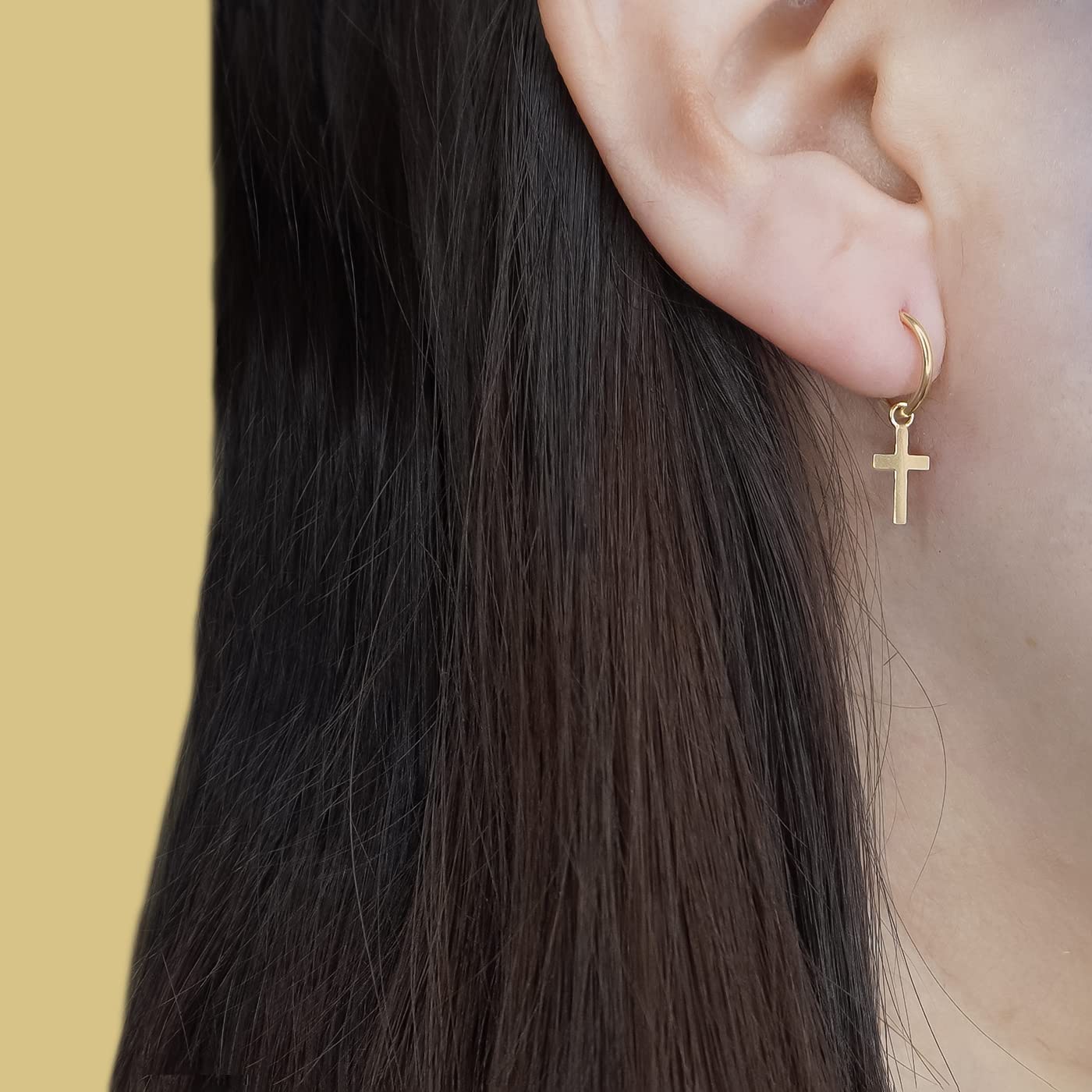 Solid 14K Gold Plain Cross Dangling On 14K Gold Endless Hoop Earring -1x10MM -Great for 1st Or Second Hole
