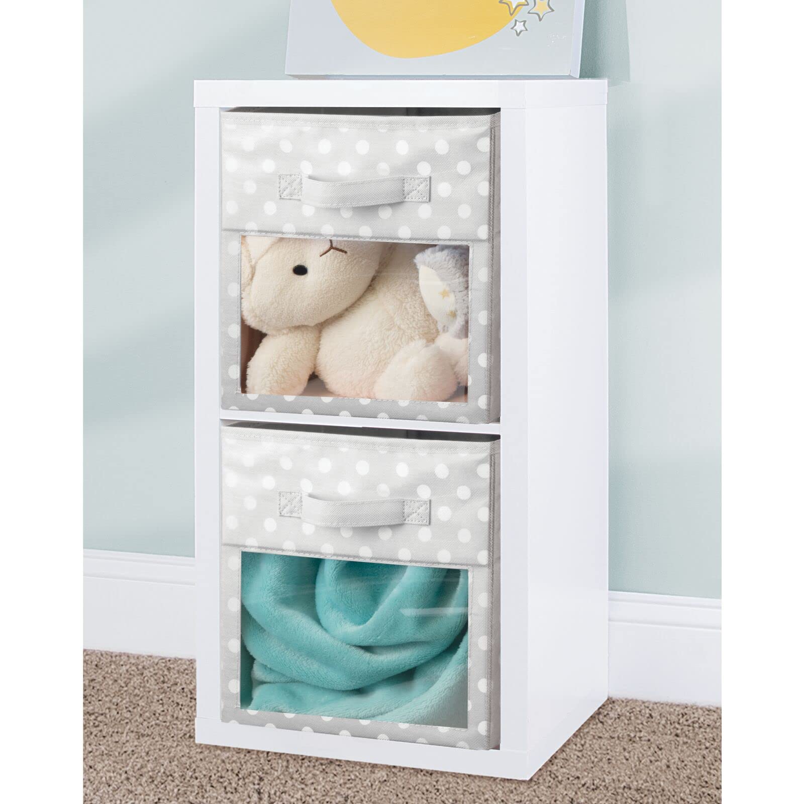 mDesign Fabric Nursery/Playroom Closet Storage Organizer Bin Box, Front Handle/Window for Cube Furniture Shelving Unit, Hold Toys, Clothes, Diapers, Bibs, Lido Collection, 6 Pack, Gray/White Polka Dot