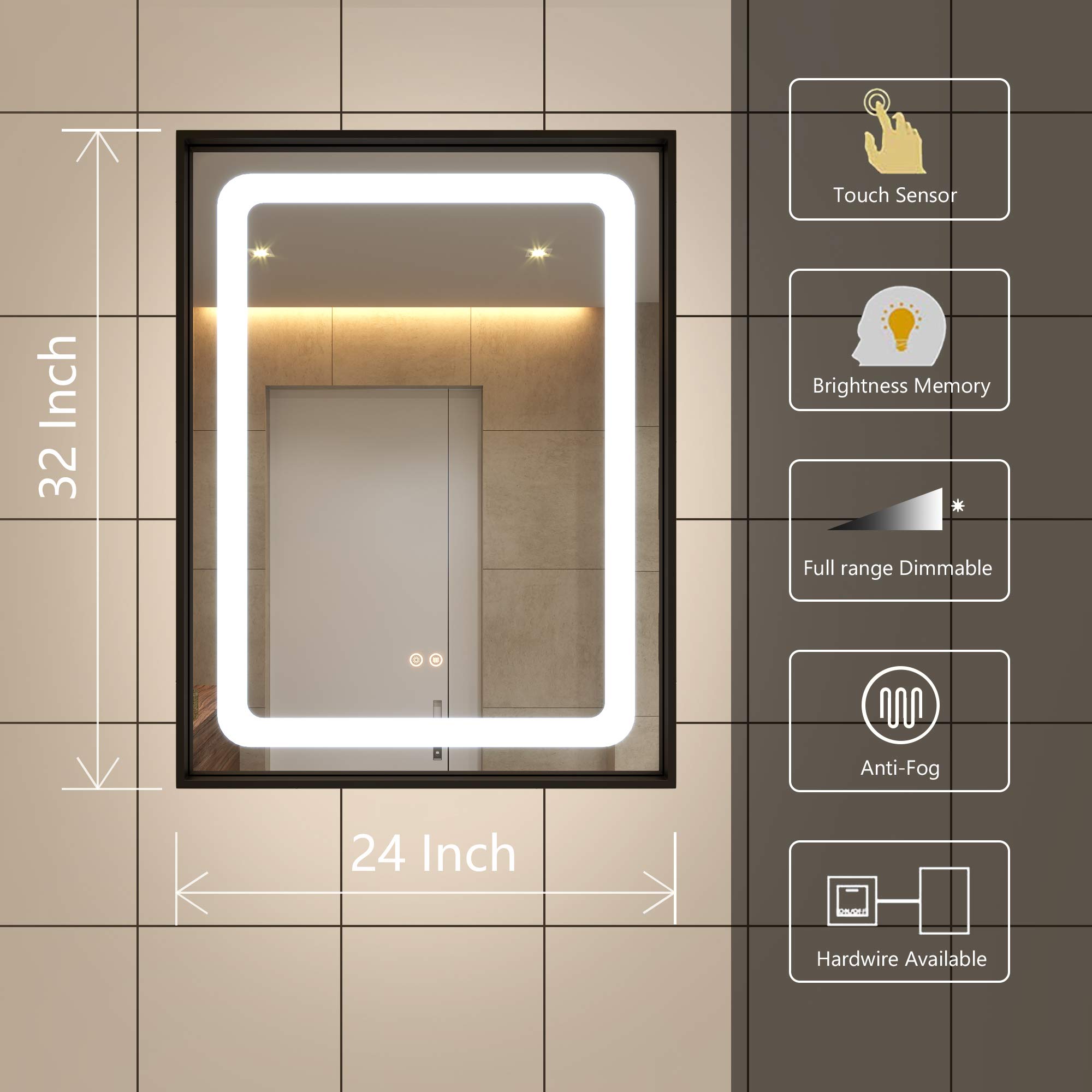 Petus PetusHouse 20 X 28 Inch LED Lighted Bathroom Mirrors, Black Frame Wall Mounted White Light Dimmable Defogger Memory Button Waterproof CRI>90, Vertical