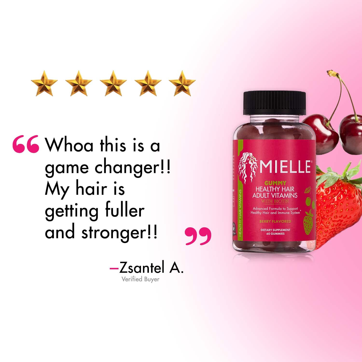 Mielle Organics Adult Healthy Hair Formula Gummy Vitamins with Biotin, 60 Count