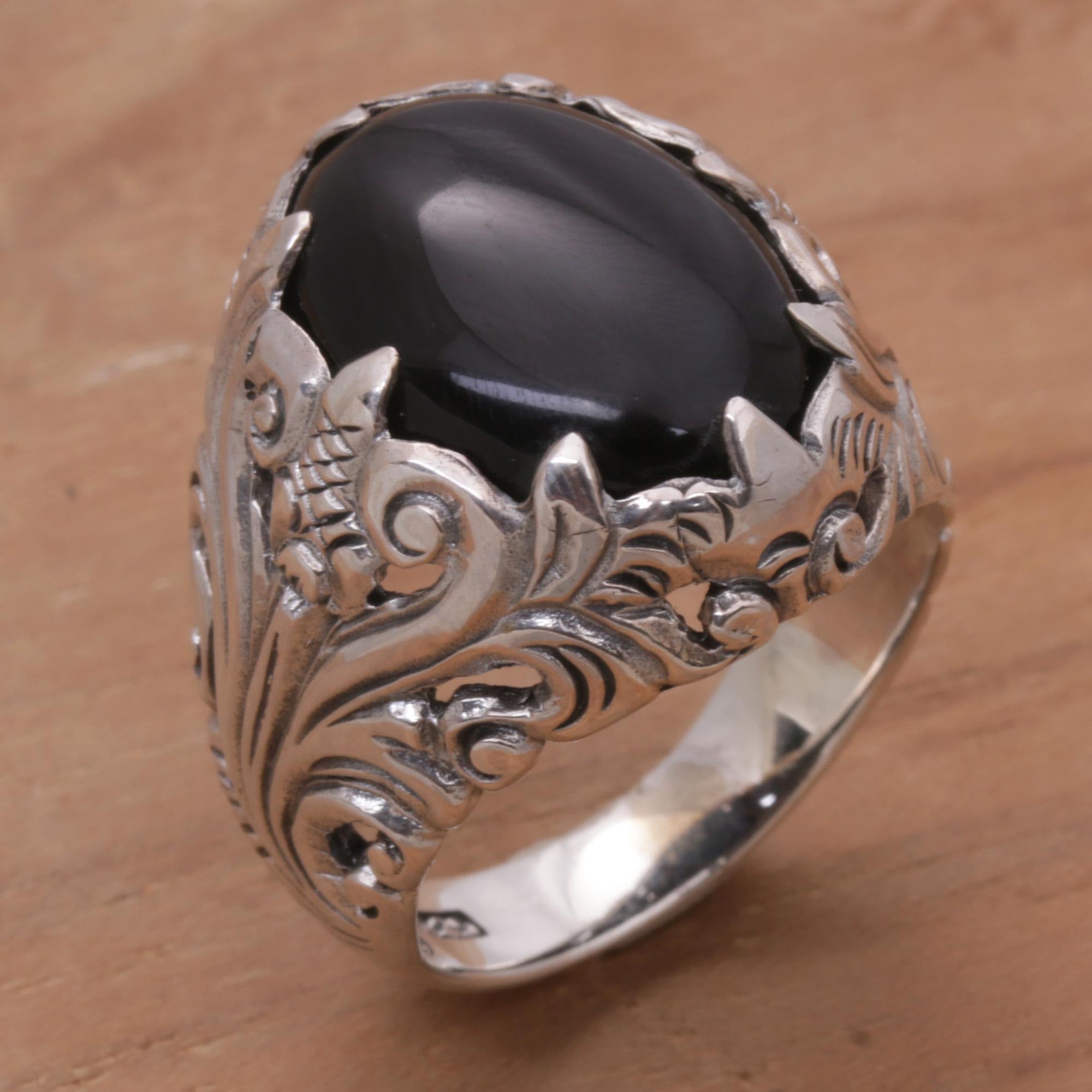 NOVICA Artisan Handcrafted .925 Sterling Silver Onyx Cocktail Ring from Bali Black Indonesia Birthstone 'Dark Forest'