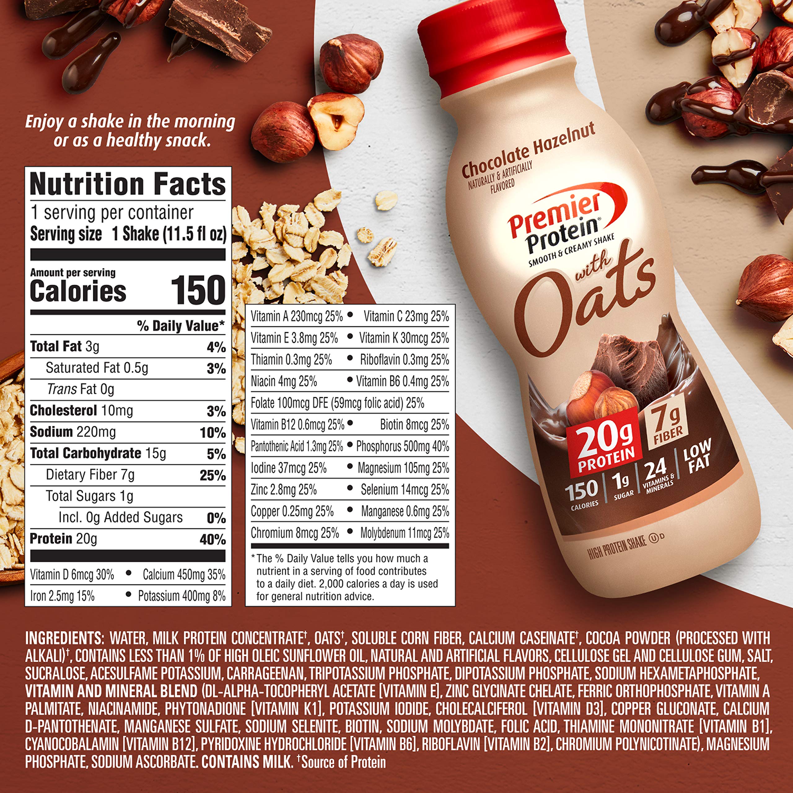 Premier Protein Shake with Oats, Chocolate Hazelnut, 20g Protein, 7g Fiber, 1g Sugar, 24 Vitamins & Minerals, Smooth & Creamy Breakfast Drink 11.5 fl oz, 12 Pack