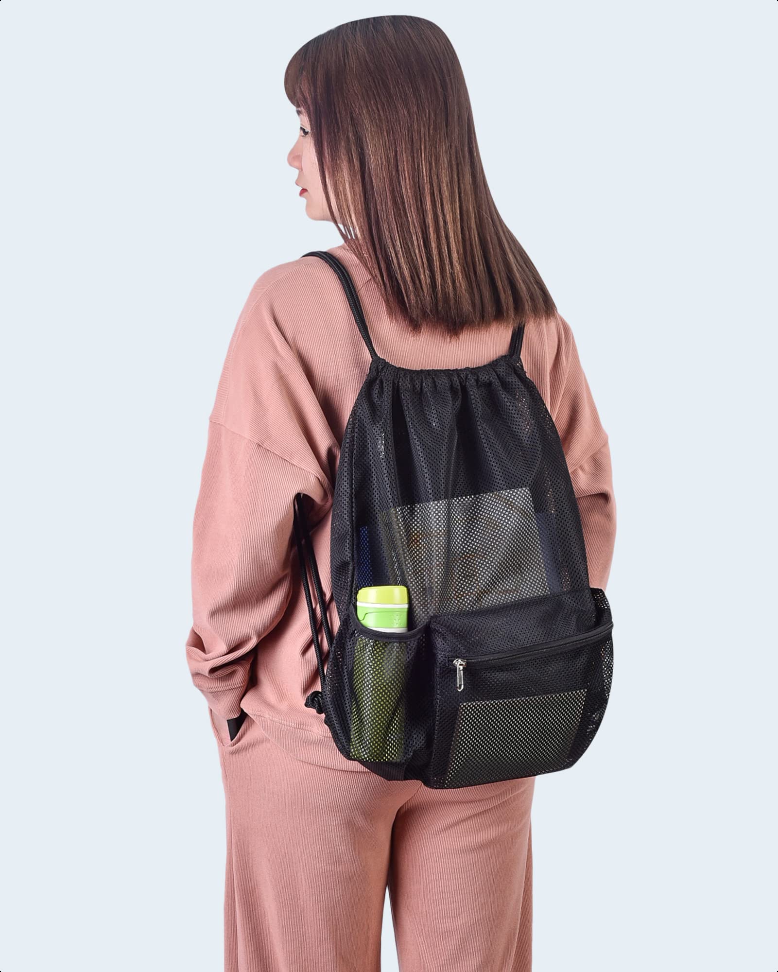 Paxiland Heavy Duty Mesh Drawstring Bag for Basketball Sport Equipment Storage Bag Drawstring Backpack for Beach Swimming Toys Gym (Black)