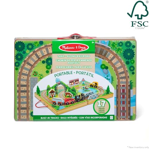 Melissa & Doug 17-Piece Wooden Take-Along Tabletop Railroad, 3 Trains, Truck, Play Pieces, Bridge - FSC Certified