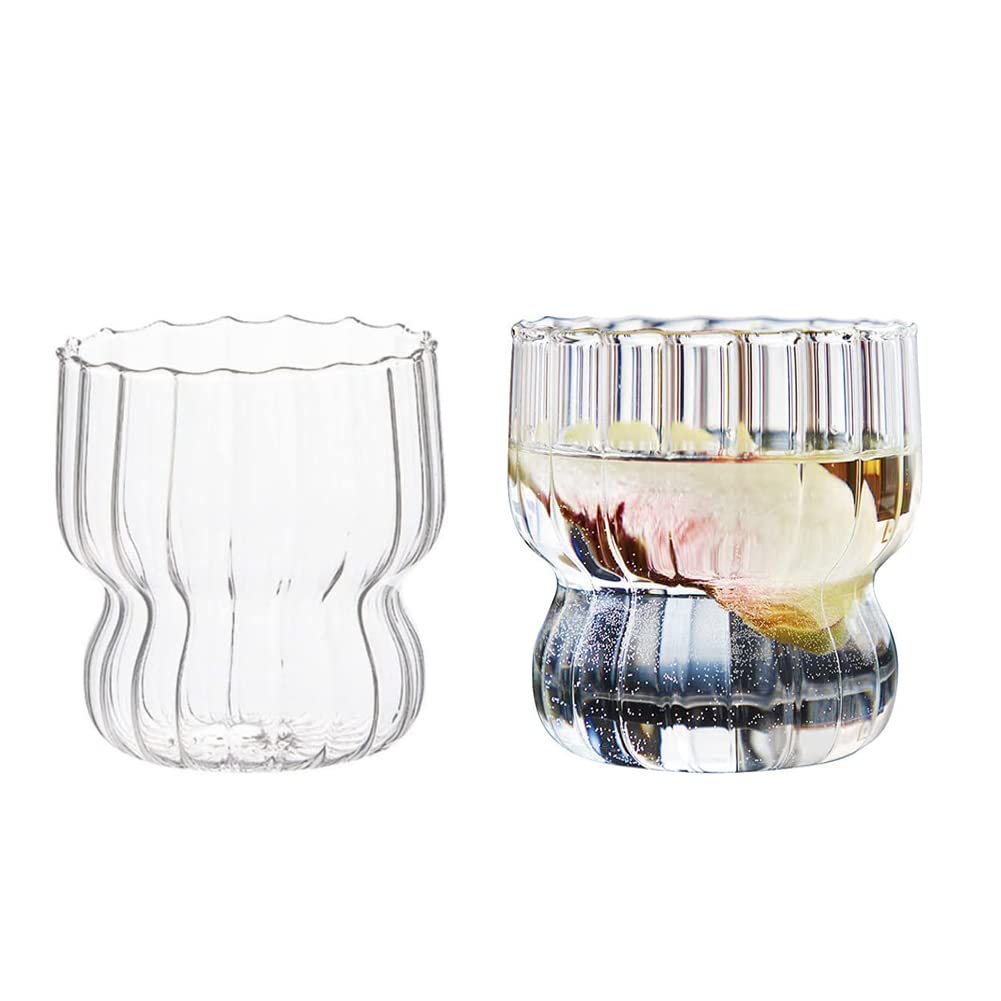Peyan Ribbed Glass Cups,2 Pcs 9 Oz Origami Style Cups with 2 Iced Ball Molds,Vertical Stripes Bubble Glasses Drinking,Ribbed Glassware,Bubble Cups,Ripple Glassware,Ribbed Drinking, 20x15cm