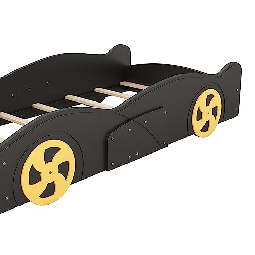 Morhome Twin Size Race, Car-Shaped Platform Wheels and Storage, Bed for Kids, Girls, Boys, Black+Yellow