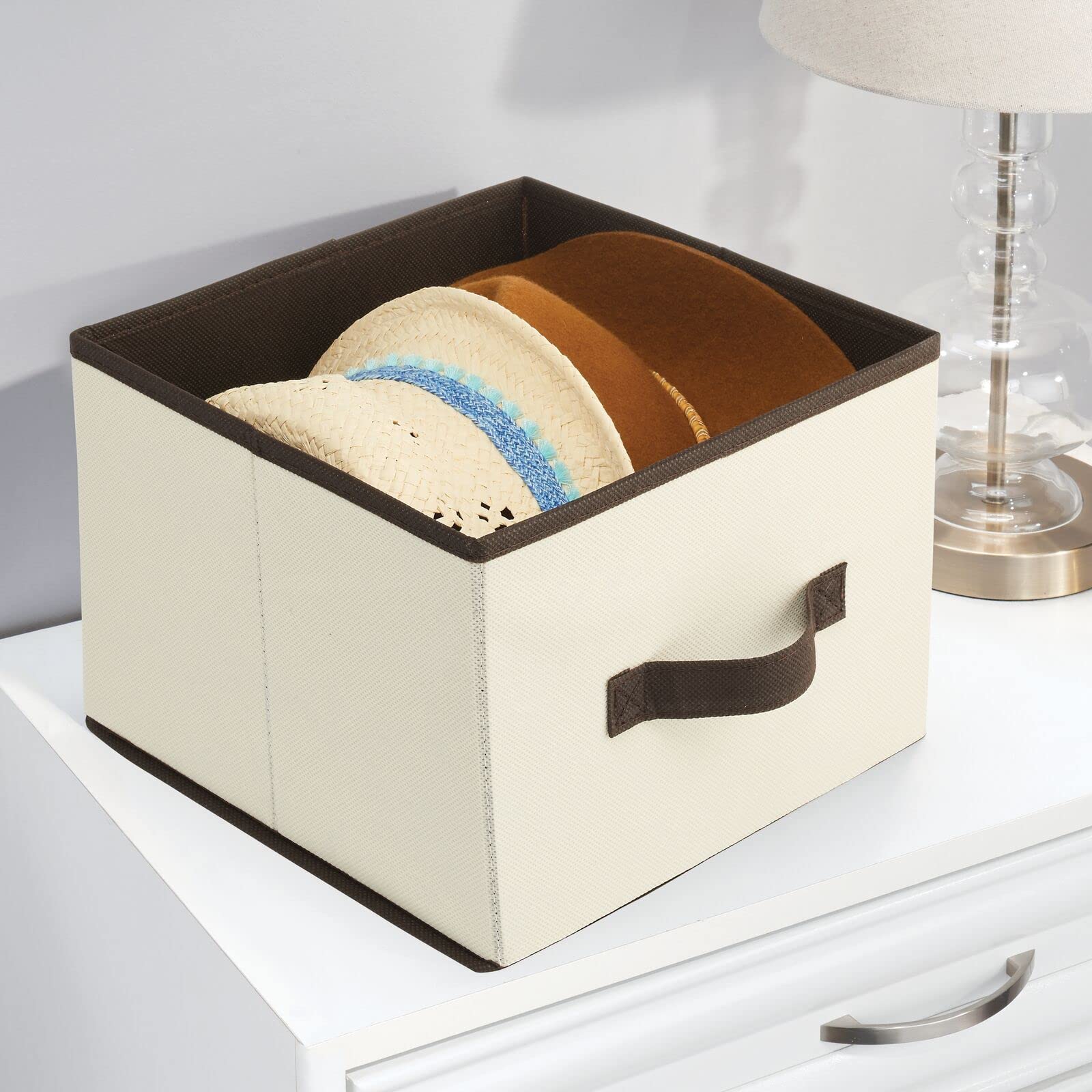 mDesign Fabric Bin for Cube Organizer - Foldable Storage Cube - Collapsible Closet Storage Organizer - Folding Storage Bin for Clothes and More - Lido Collection - 4 Pack - Natural/Cobalt Blue Stripe