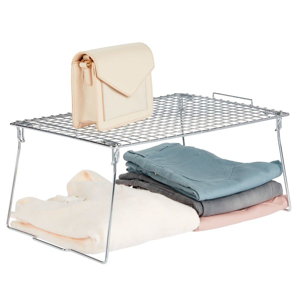 mDesign Farmhouse Metal Stackable Storage Shelf - Closet, Cabinet, Countertop 2-Tier Raised Organizer - for Bedrooms, Bathrooms, Entryways, Hallways - 12" x 17" x 8.4" - Chrome