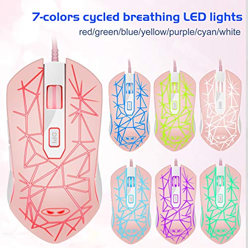 Pink Gaming Keyboard and Mouse Combo,MageGee GK710 Wired Backlight Pink Keyboard and Pink Mouse for Girl,PC Keyboard and Adjustable DPI Mouse for PC/Laptop/MAC(Pink)