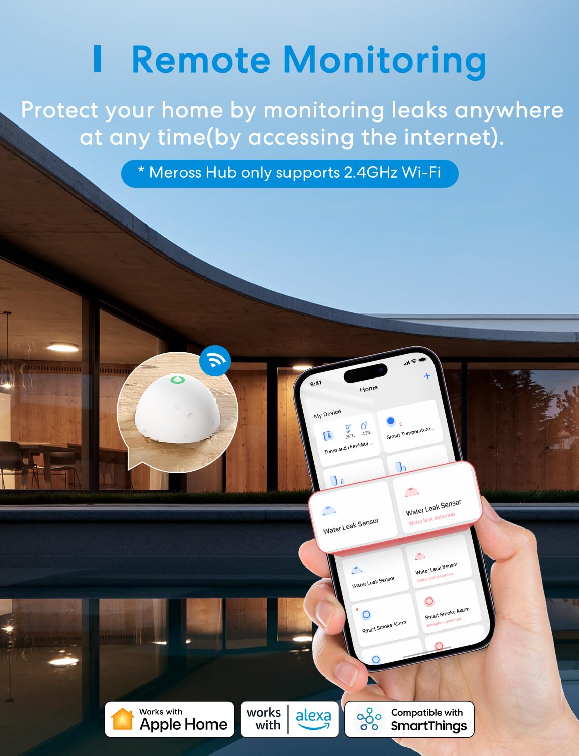 meross Smart Water Leak Detector, WiFi Water Sensor Support Apple HomeKit, SmartThings, IP67 Waterproof with App Alerts, Audio Alarm, 100M Range for Home Basement Kitchen (Meross Hub Included)