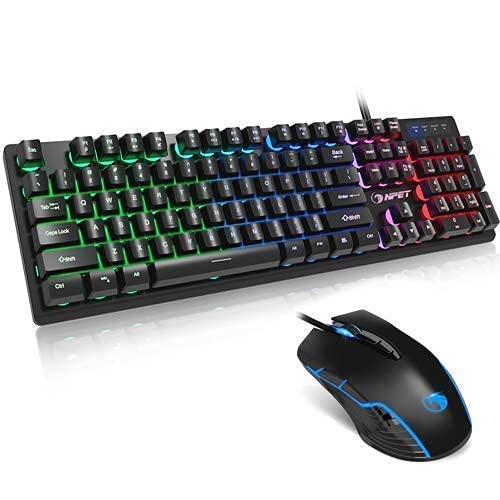 NPET Gaming Keyboard and Mouse Bundle, Backlit Wired Ergonomic Keyboard, LED Lighting Mouse with 7200 DPI for Windows Computer Gamers