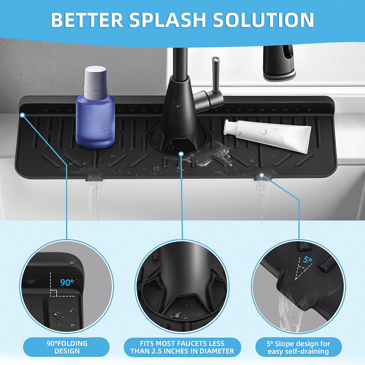 SXhyf Kitchen Sink Splash Guard, Sink Protectors for Kitchen Sink, Faucet Mat for Kitchen Sink, Faucet Drain Pad, Kitchen Gadgets for Kitchen, Rv and Bathroom, 14β x 5.7β(Black)