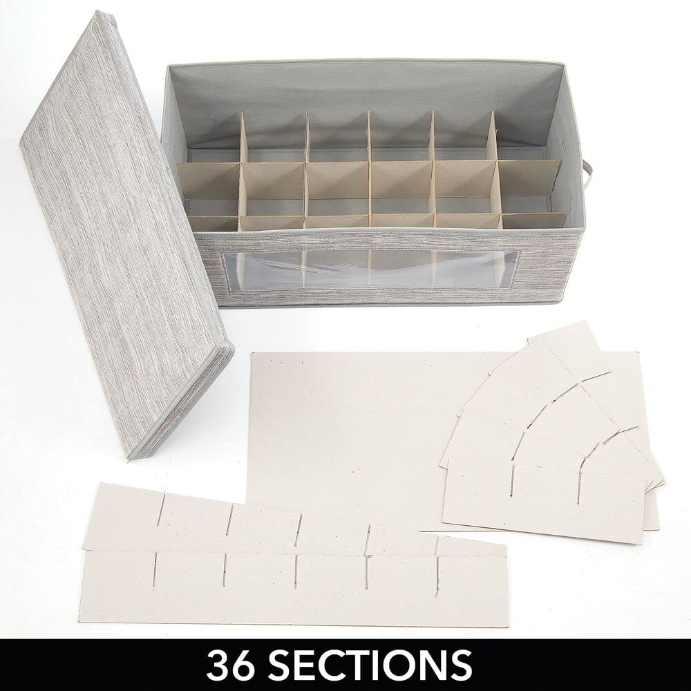 mDesign Large Fabric Storage Box with Lid, Dividers, Front Window - Stackable Storage Organization Containers for Holiday Decorations, Ornament, Wrapping Paper, Lights, Taupe Stripe
