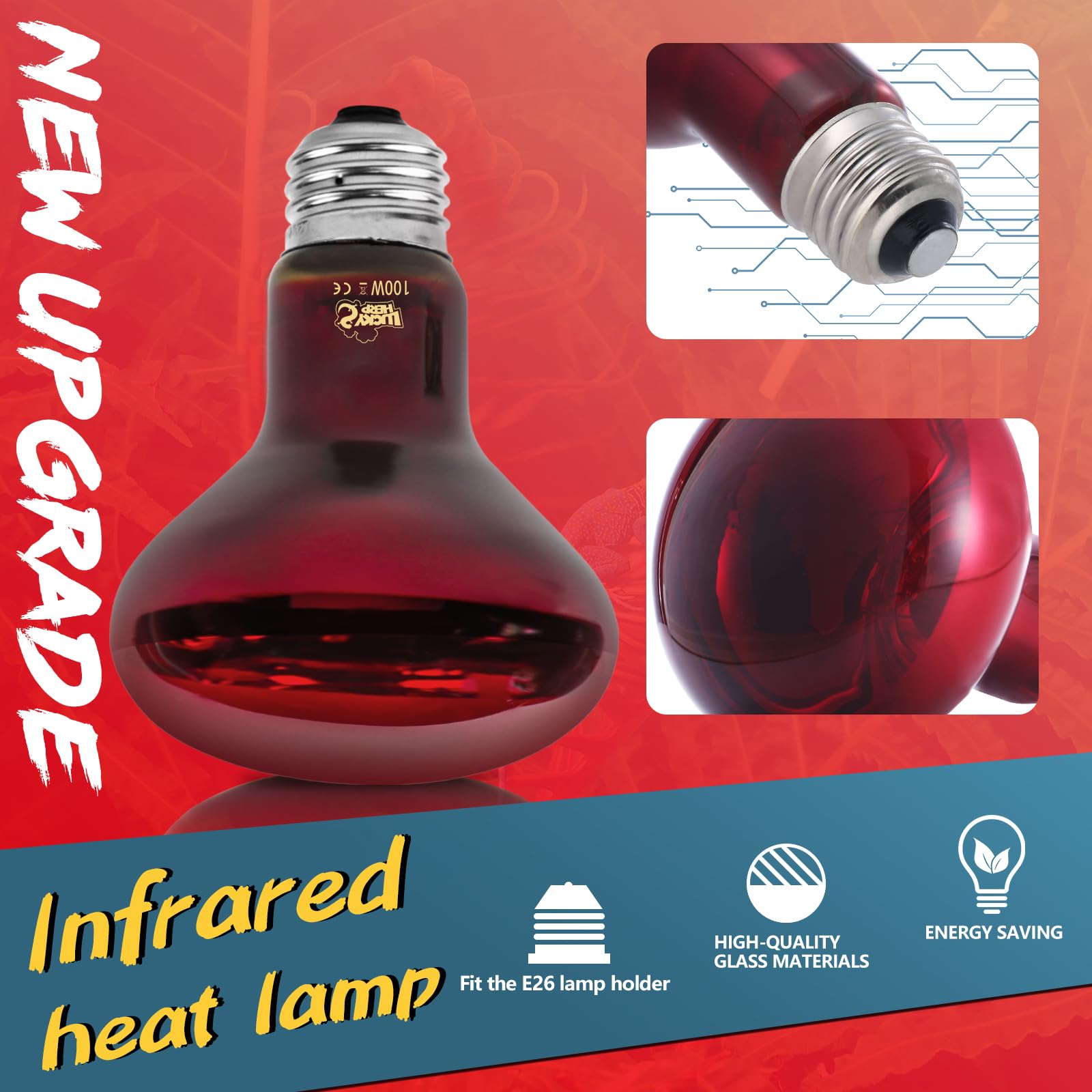 LUCKY HERP Infrared Heat Lamp 100W 2 Pack,Reptile & Amphibian Basking Spot Light Bulbs, Red Heat Lamp Bulbs for Reptiles, Bearded Dragon, Turtle, Lizard, Snake, Chicken