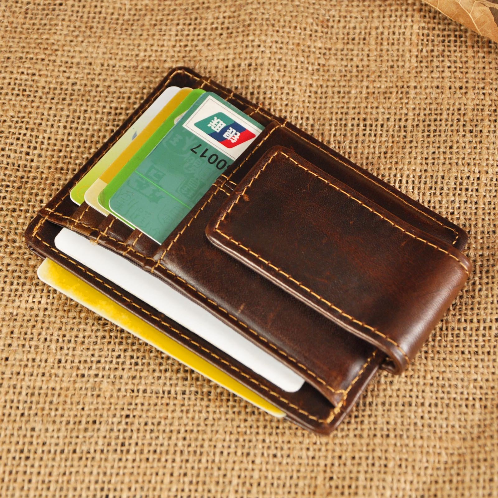 Le'aokuu Genuine Leather Magnet Money Clip Credit Card Case Holder Slim Handy Wallet (Light Brown 2)