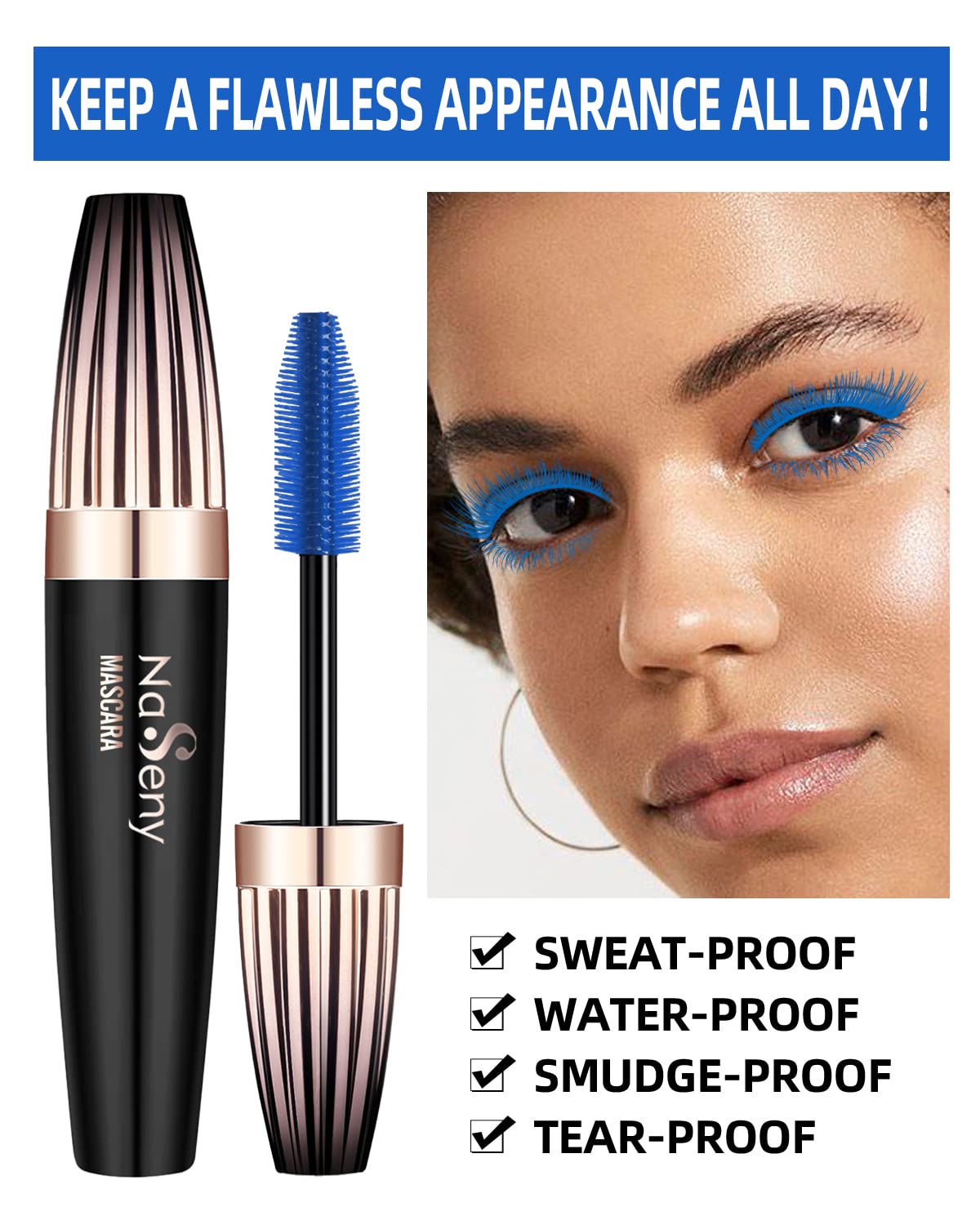 Naseny Waterproof Blue Mascara Volume And Length,5D Silk Fiber Lengthening Thickening,Clear Eyebrow Gel Keep Brows Stay In Place,Brow Freeze Goes a Long Way Creat Full Voluminous Party Eye Makeup