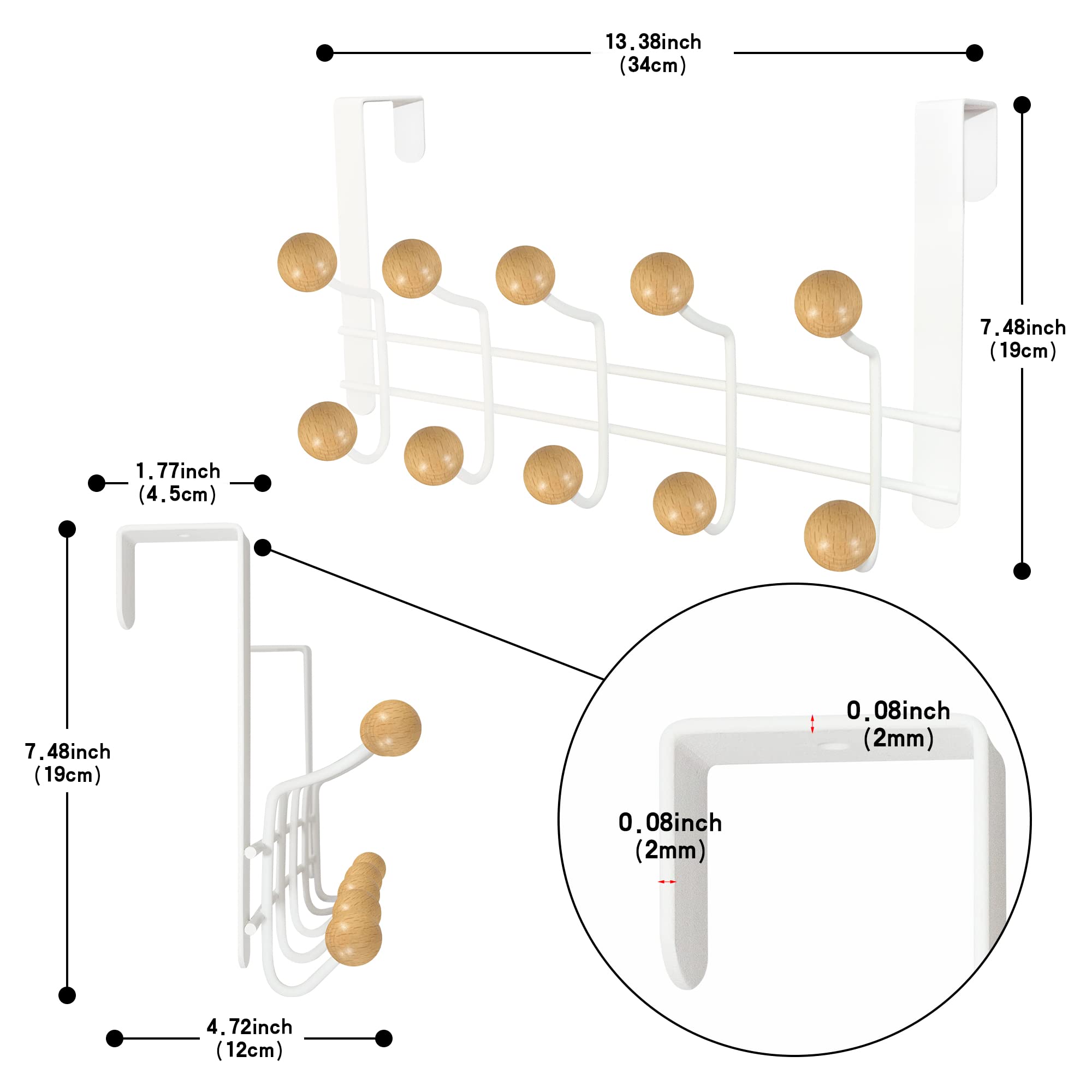 Loucarn Over The Door Hooks Door Hanger Hook for Clothes with 10 Wooden Door Hooks for Hanging Hats, Coats,Towels