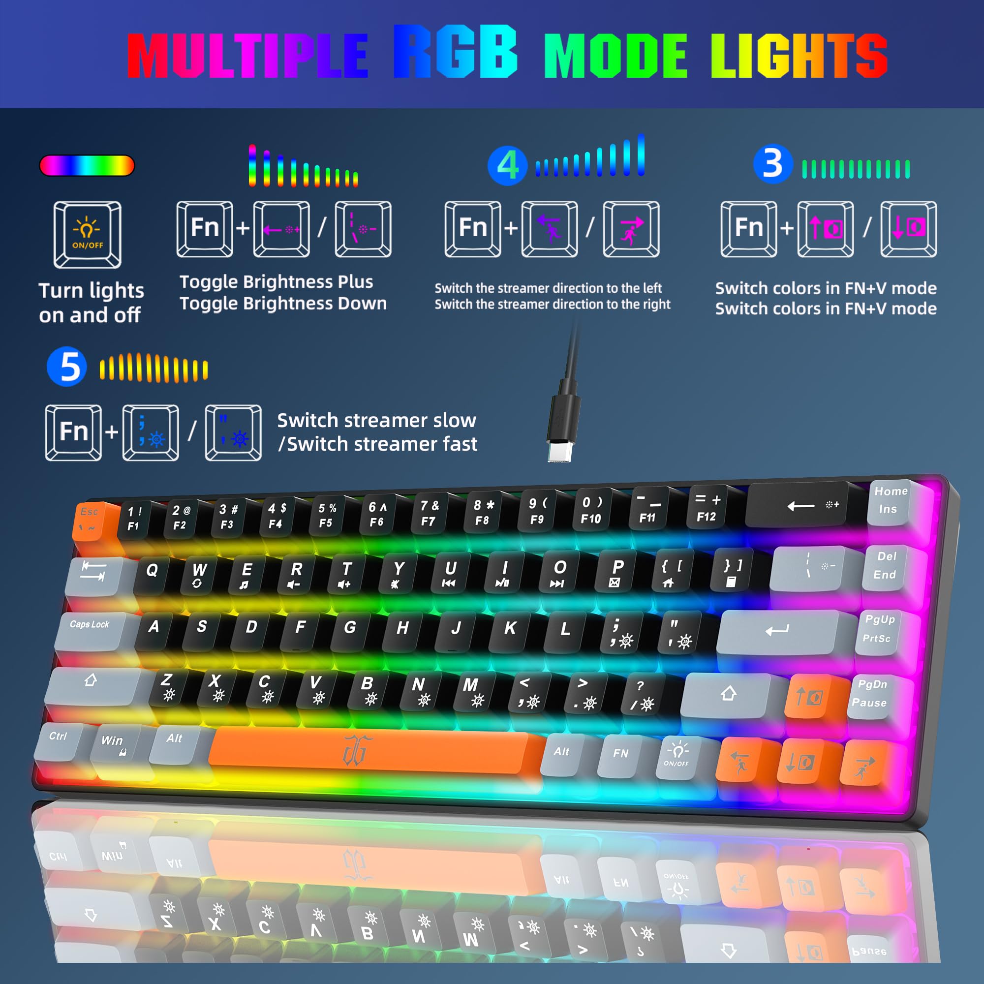 Snpurdiri 60% Gaming Keyboard, RGB Backlit Mini Keyboard,Built-in Steel Plate, Membrane Keyboard but Super Mechanical Feel for Windows PC Gamers(68 Keys,White-Black)