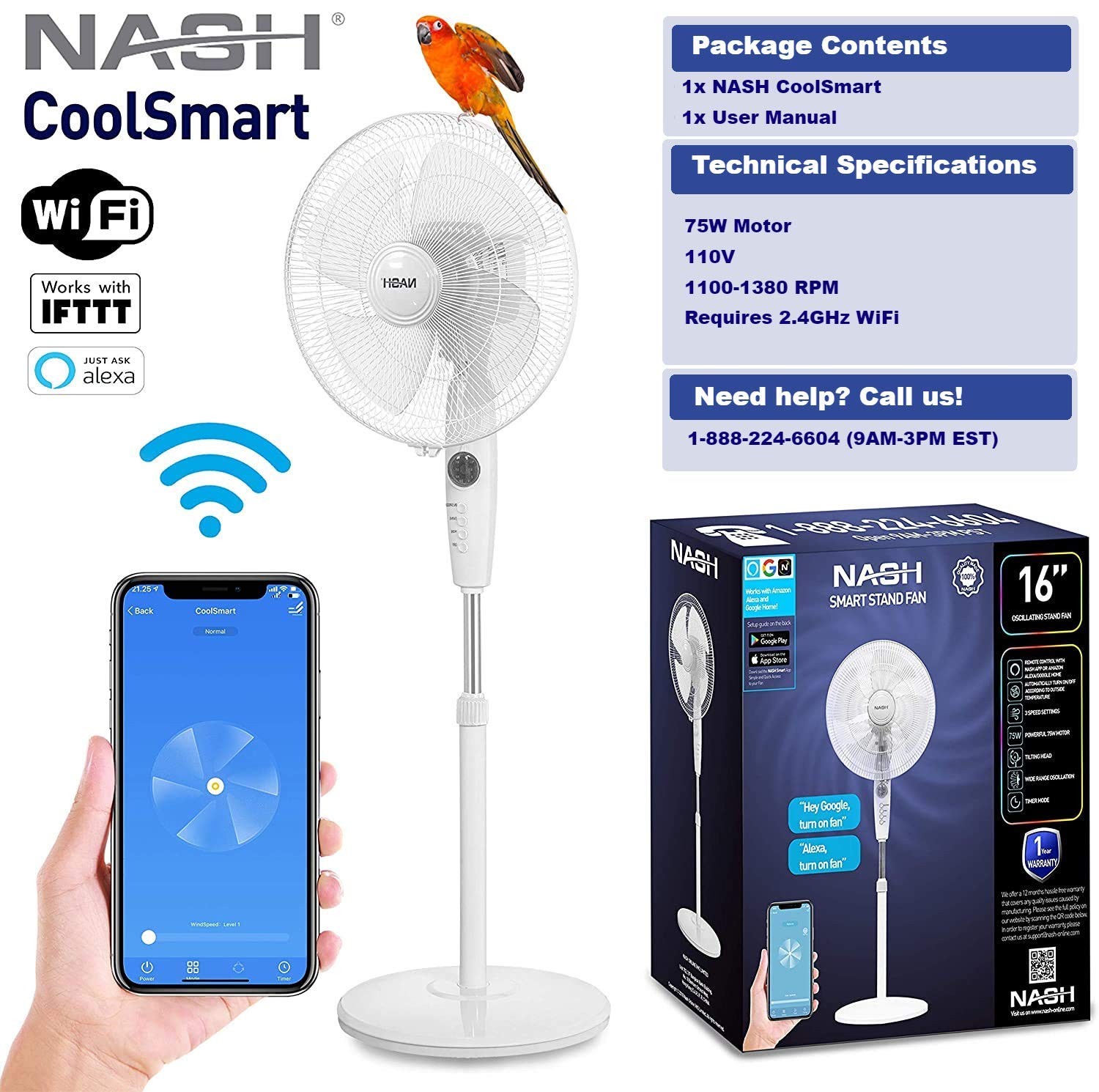 NASH Alexa, Google Home, Siri, WiFi Smart Oscillating Pedestal Fan w/Voice & App Control | 16” Quiet Stand Up Fan, Adjustable Height, WiFi App Programmable for 3 Speeds, 3 Modes, Timer PF-1 CoolSmart