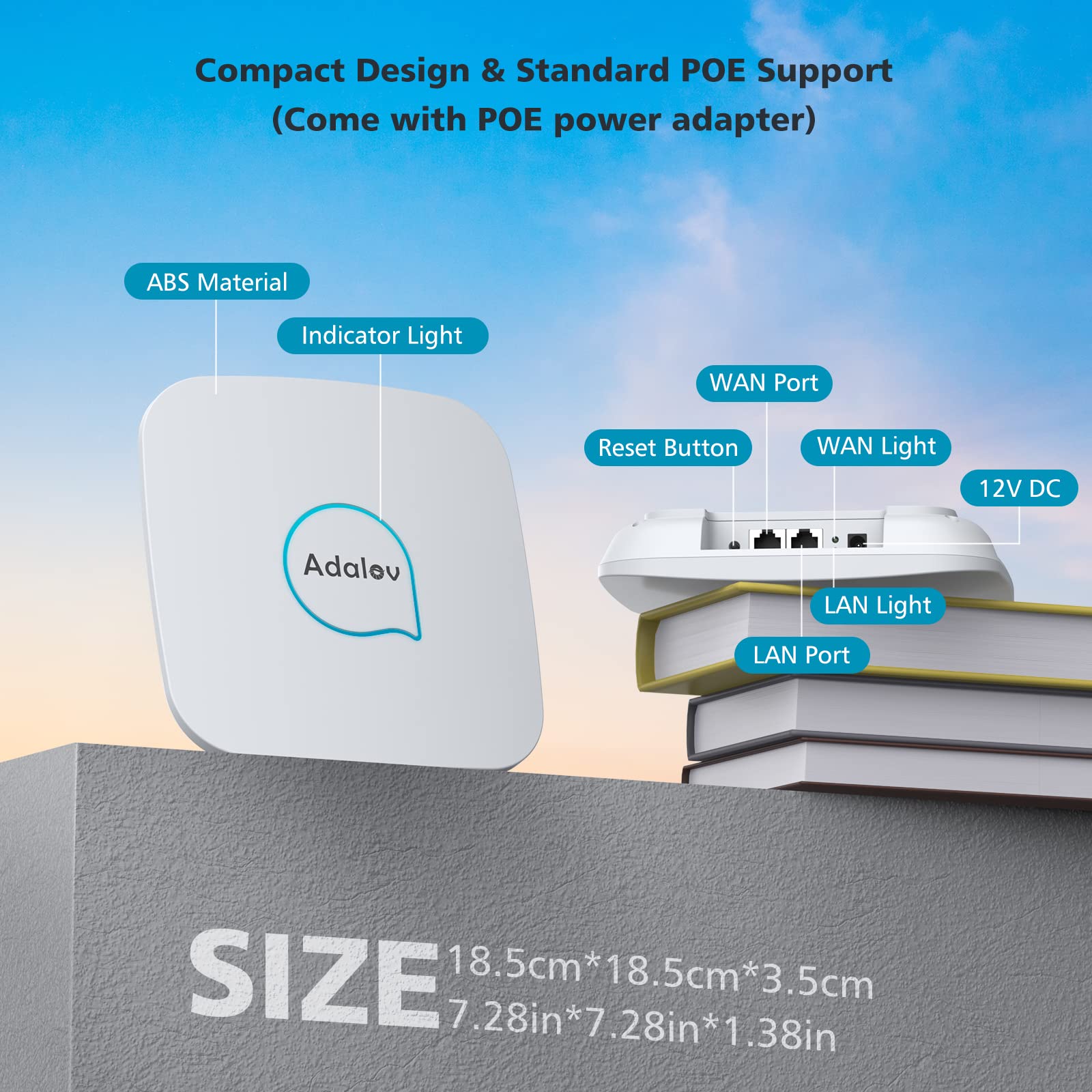 WiFi 6 Access Point, AdaLov 2.4G & 5.8G Dual-Band Wireless Gigabit Access Point, MU-MIMO,802.11ax, 48V PoE Powered,Up to 128 Devices,4x5*dBi Antenna,1 x 1G Ethernet PoE Port