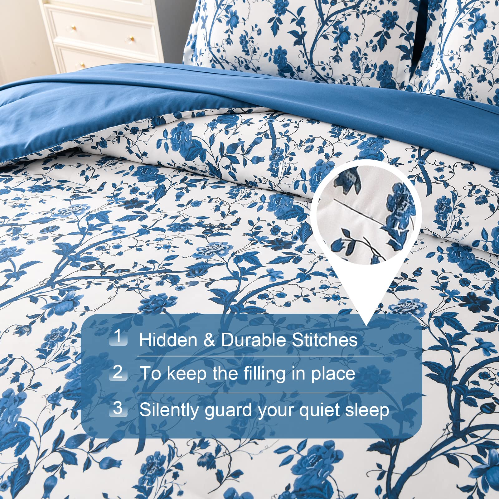 LLDSYW King Size Comforter Set - 7 Pieces Bed in a Bag Soft Microfiber Bedding Comforter Set Leaves Floral Pattern on White Comforter Sets with Sheets for All Seasons (King, Blue)