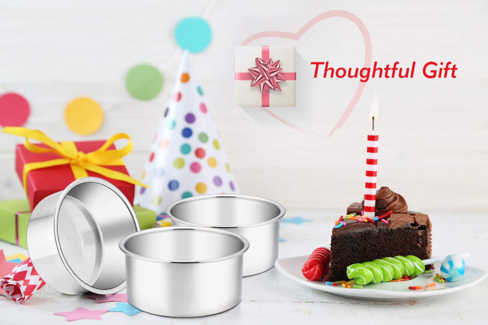 TeamFar 4 Inch Cake Pan, 4 Pcs Mini Cake Pan Round Tier Baking Cake Pans Set Stainless Steel, For Baking Steaming Serving, Healthy & Sturdy, Mirror Finish & Dishwasher Safe