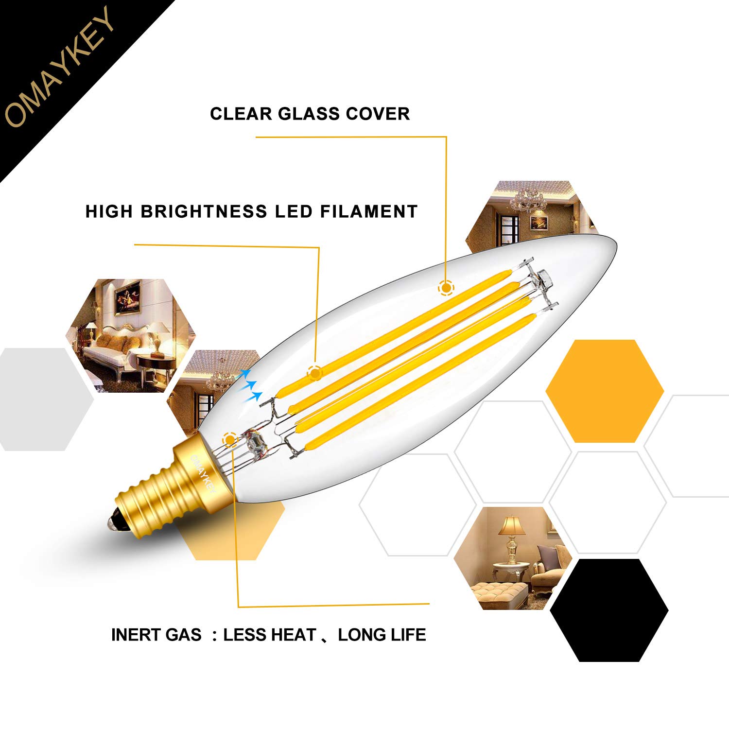 OMAYKEY 8W Lengthened LED Candelabra Bulb 3000K Soft White, 80W Equivalent 800LM Dimmable, E12 Base Vintage Edison B11 Lengthened Candle Clear Glass LED Chandelier Light Bulbs, Pack of 4