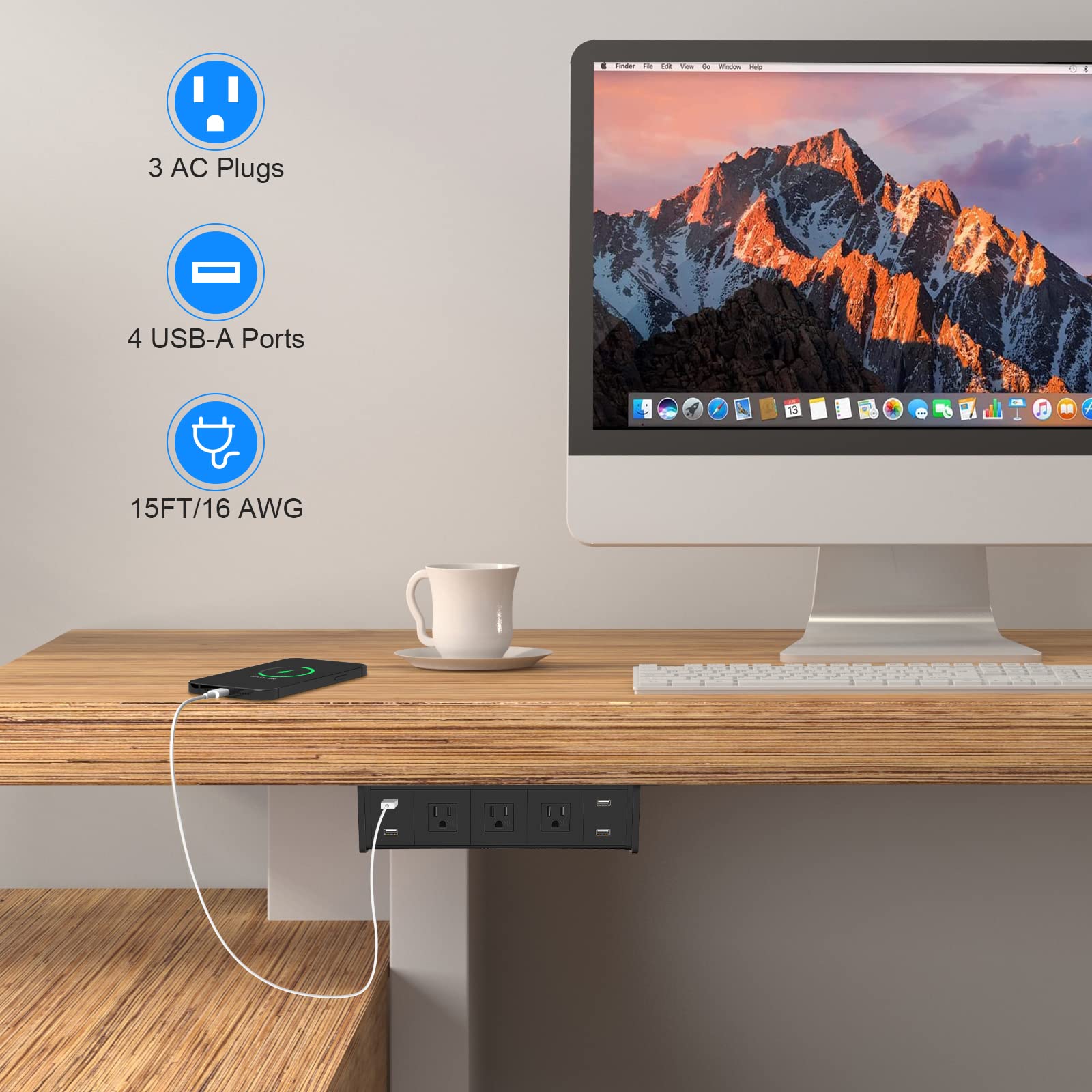 Under Desk Power Strip Mountable,Screw Mount Power Outlet with 3 AC Outlets,4 USB-A Ports,15FT Extension Cord,Desk Clamp Power Strip