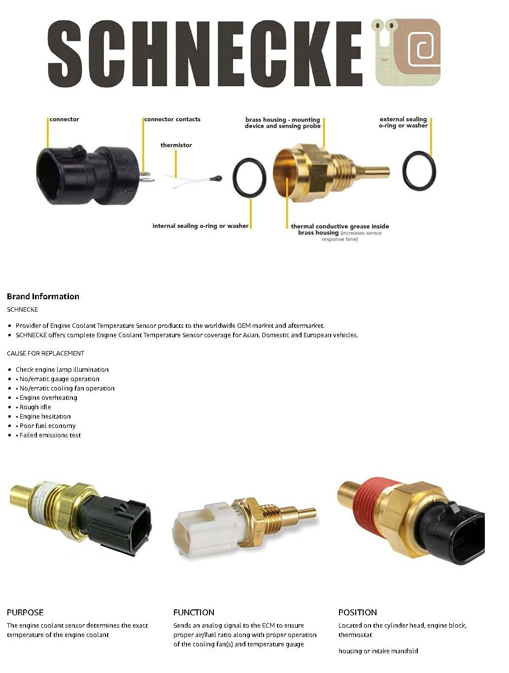 SCHNECKE 33-26320-AA Engine Coolant Temperature Sensor compatible with Ford 15-16 C-Max / 01-07 Courier / 12-16 Edge / 01-17 Escape / 01-15 Explorer / 01-03 Escort / 15-18 F-450 F-550 Super Duty