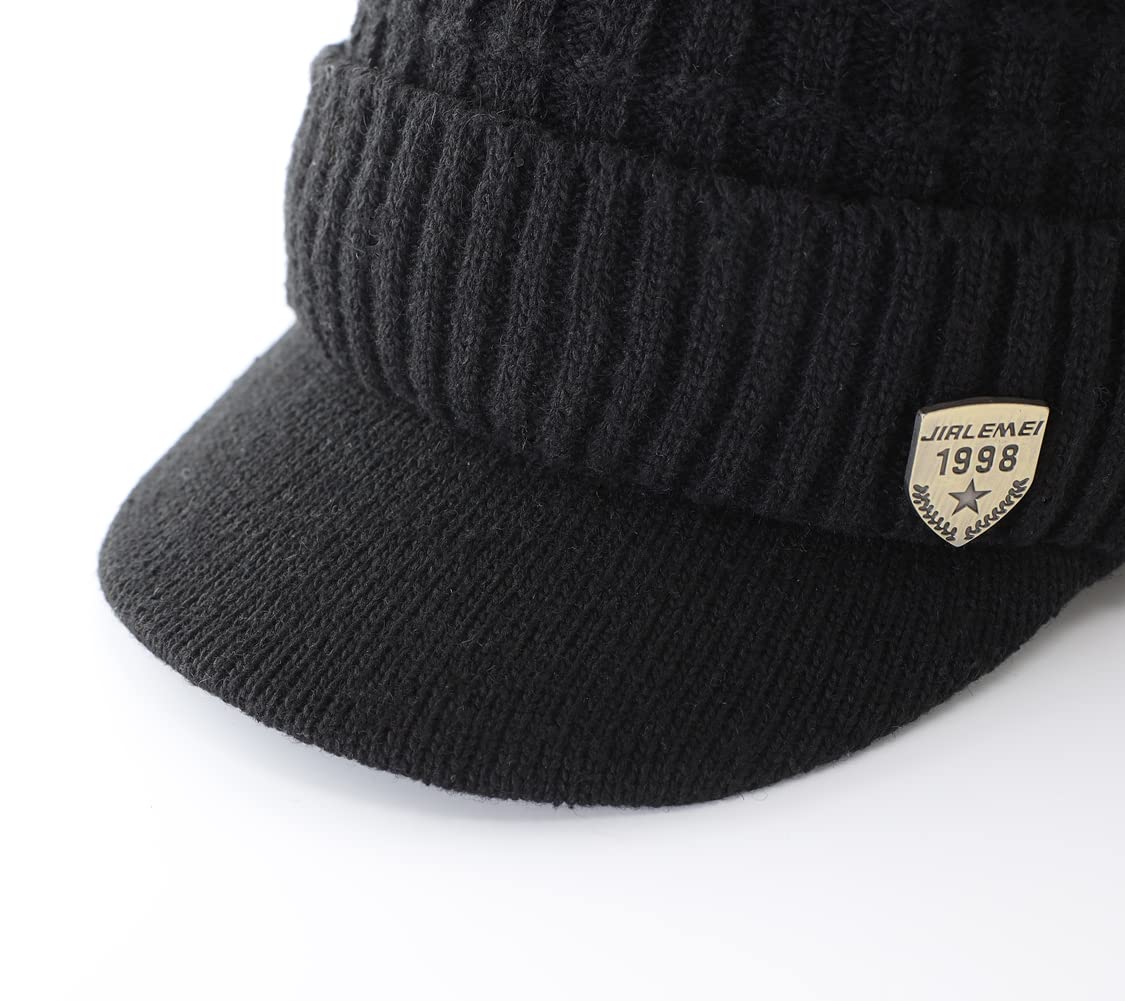 LLmoway Men Women Winter Knit Hat with Visor Warm Cuff Beanie Fleece Lined Snow Ski Skull Cap Black