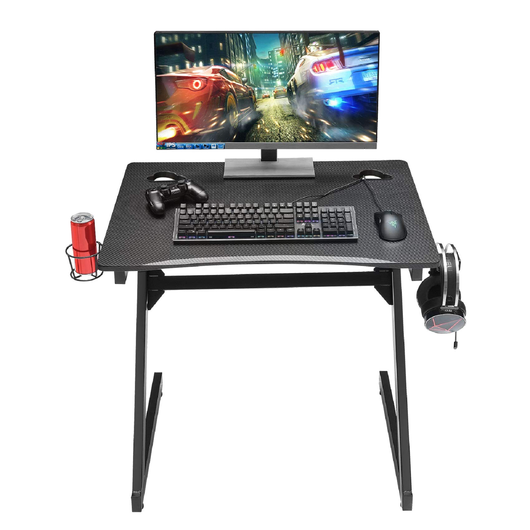 Mr IRONSTONE 31.5" Gaming Desk PC Computer Desk Home Office Student Table for Small Space Z-Shaped with Cup & Headphone Holder and 2 Cable Management Holes (Blue)