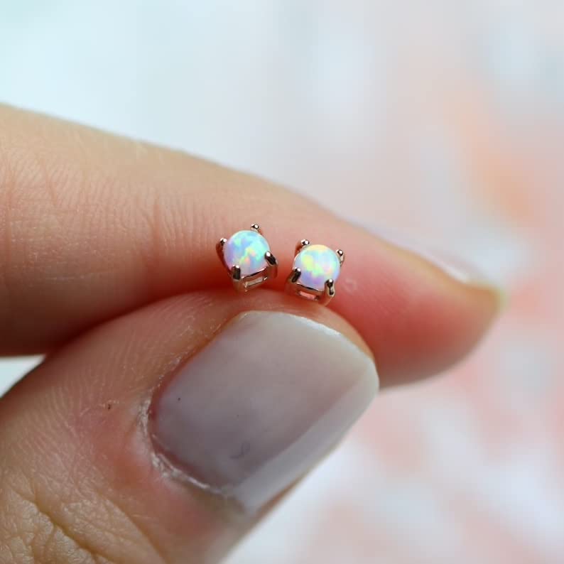 Tiny Round Opal Stud Earrings Sets -18K Rose Gold Plated Birthstones Earrings For Women 3 Pairs/Set(2,3,4mm)