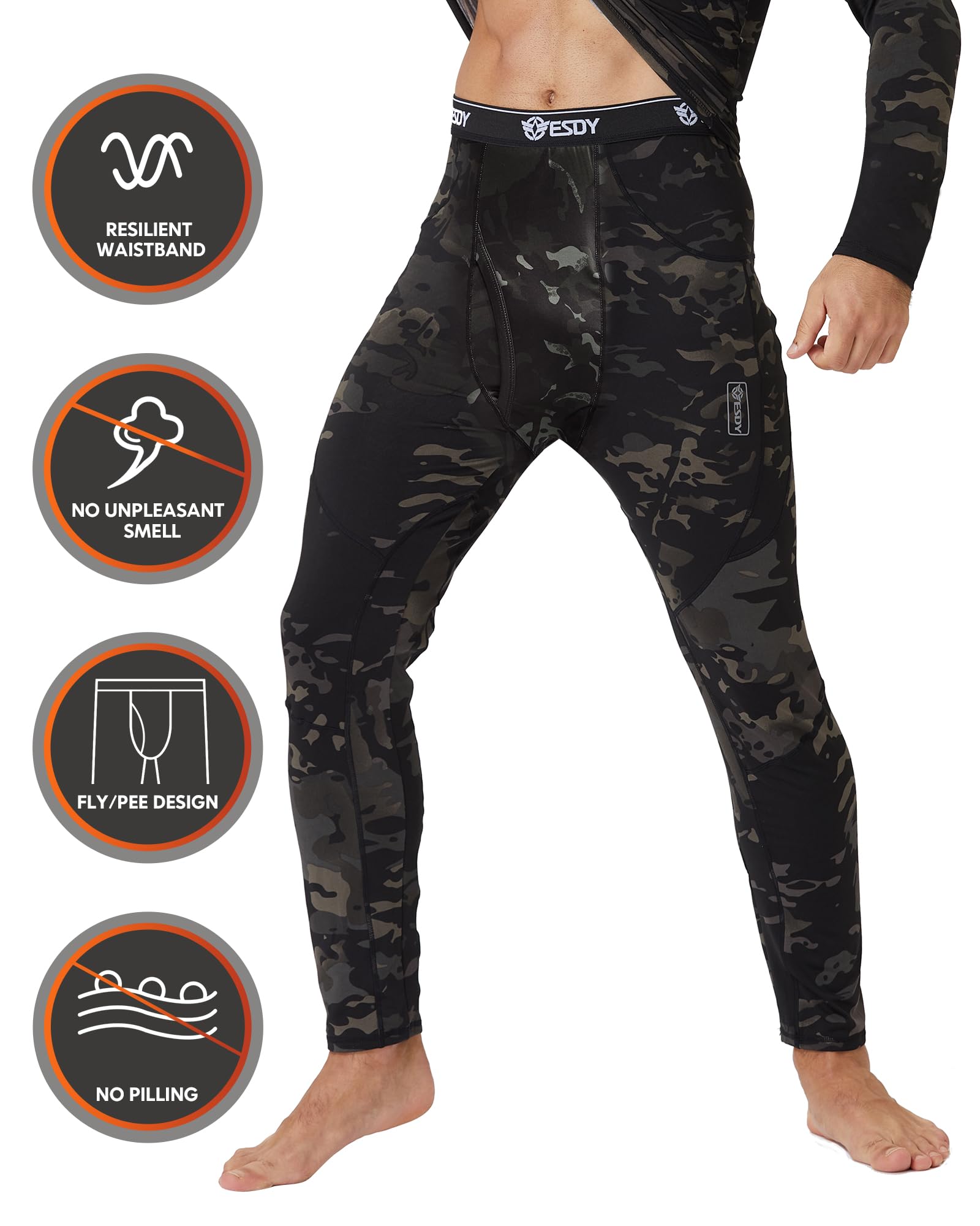 Long Johns for Men with Fly, Thermal Underwear Set Winter Hunting Gear Sport Base Layer Top and Bottom Midweight -Crew Neck-Camo Black-XL