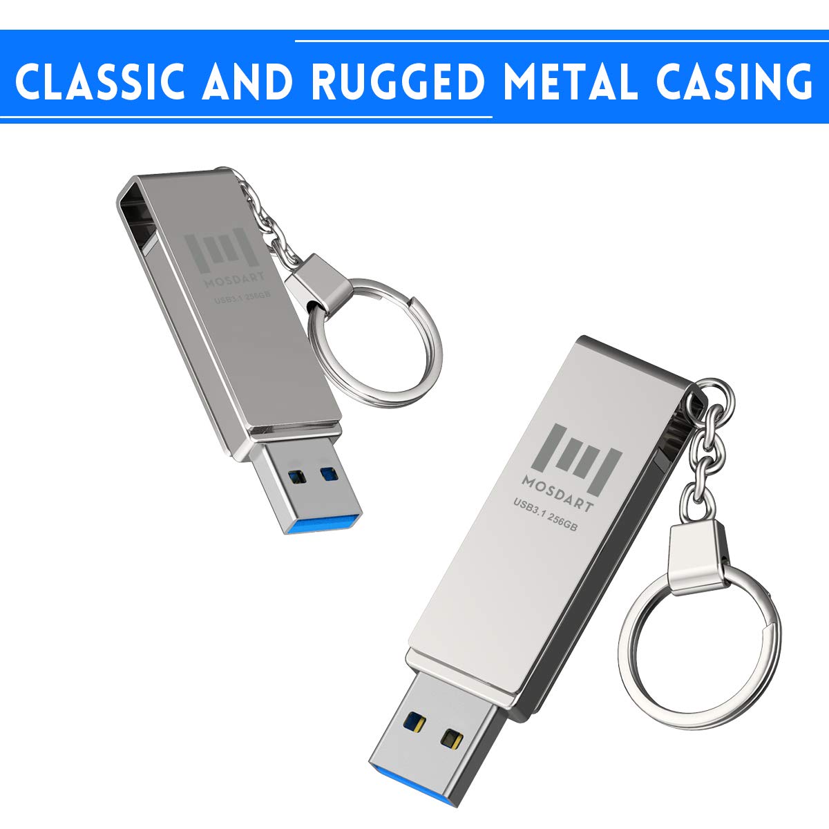 MOSDART 256GB 300Mb/s USB 3.1 Flash Drive Fast Speed and Rugged Metal Thumb Drive with Keychain USB3.1 256 GB 360-degree Jump Drive for Data Storage - Silver