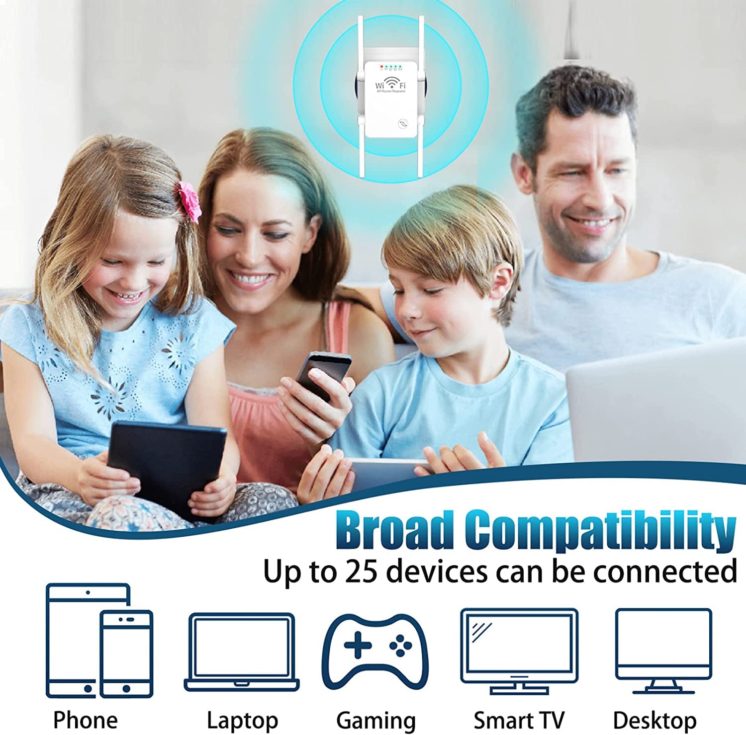 WiFi Extender Internet Signal Booster and Amplifier up to 8500 sq.ft - Long Range Coverage Wi-Fi Repeater for Home, with Ethernet Port & Access Point Mode, Support 40 Devices,1 Touch Easy Setup