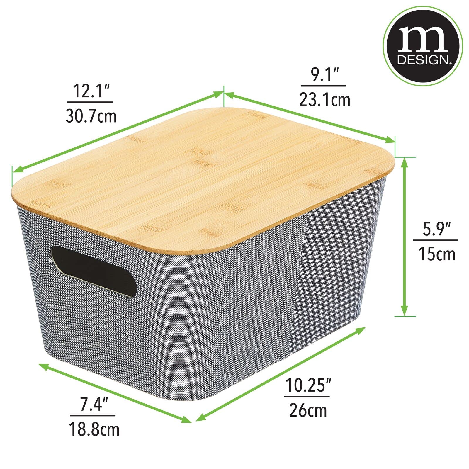 mDesign Modern Fabric Covered Basket with Lid, Stacking Decorative Storage Bin Box with Bamboo Cover for Closet, Living Room, Kitchen, Office Shelf, Holders for Clothing/Accessories, 4 Pack, Navy Blue