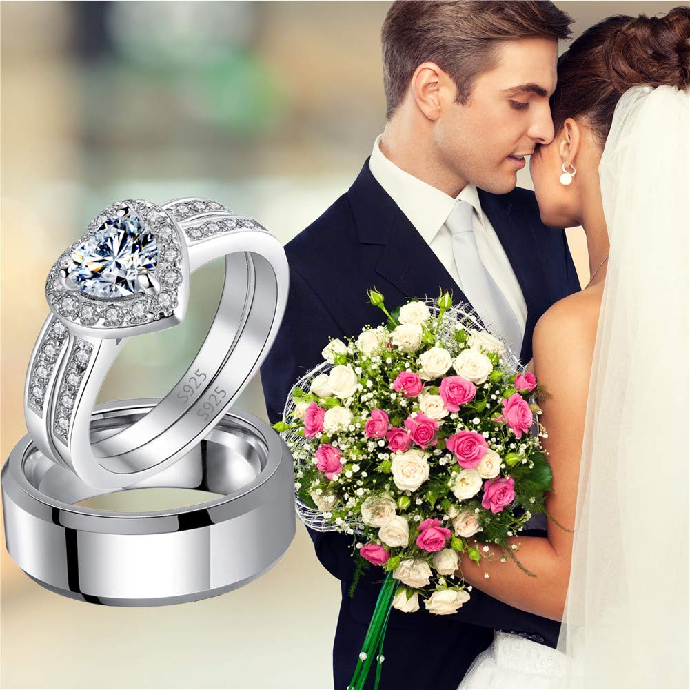 MABELLA His Hers 3 Pcs Stainless Steel Matching Band Women Heart Cut Sterling Silver Wedding Engagement Ring Set Women's Size 6 Men's Size 11