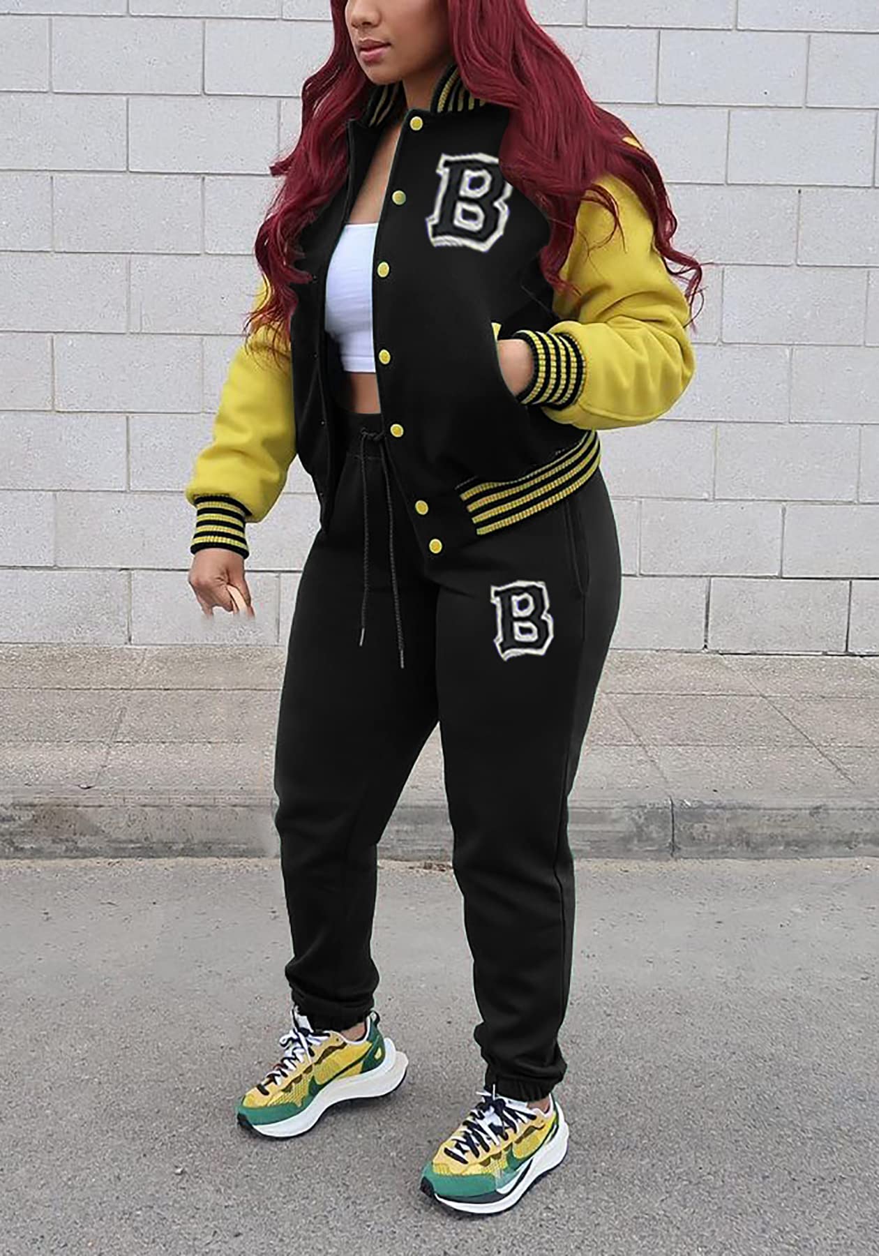 Symina Women's Two Piece Outfit Long Sleeve Jacket Long Pants Set Casual Suits Button Down Tracksuit Black, X-Large