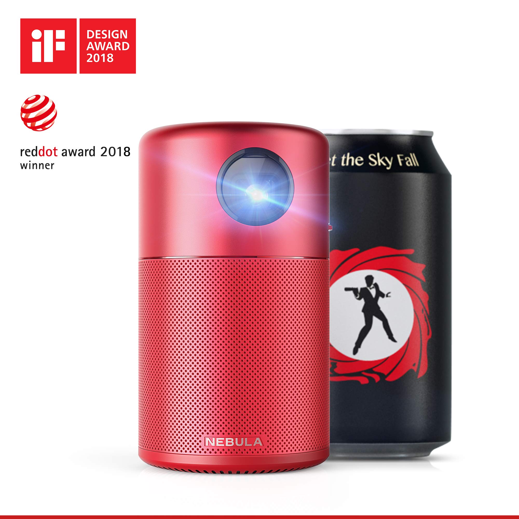 NEBULA Capsule, by Anker, Smart Wi-Fi Mini Projector, Red, 100 ANSI Lumen Portable Projector, 360° Speaker, Movie Projector, 100 Inch Picture, 4-Hour Video Playtime, Outdoor Projector—Watch Anywhere