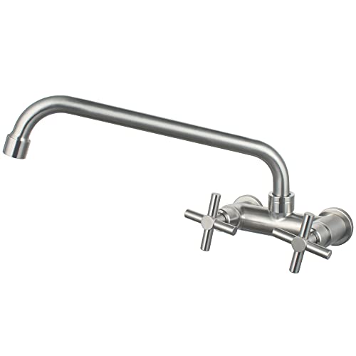 UMANYI Commercial Kitchen Faucets Wall Mount 4 inch Center Stainless Steel Brushed Nickel Utility Laundry Sink Faucet RV Faucet with 11 Inch Spout 2 Handle SSKF09-3C