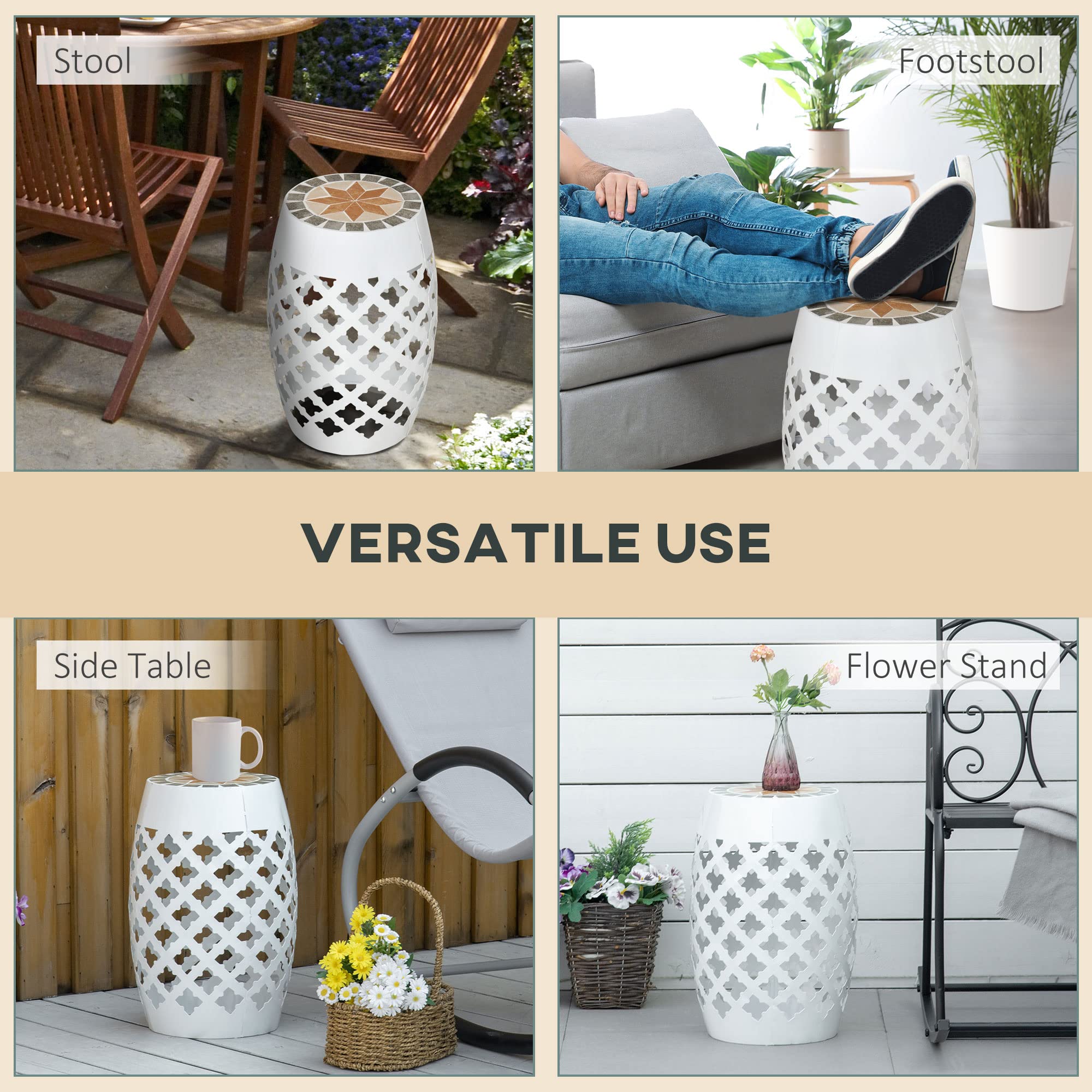 Outsunny 12" Patio Round Side Table, Outdoor Footstool, Garden Mosaic Accent Side Table, Plant Stand, White