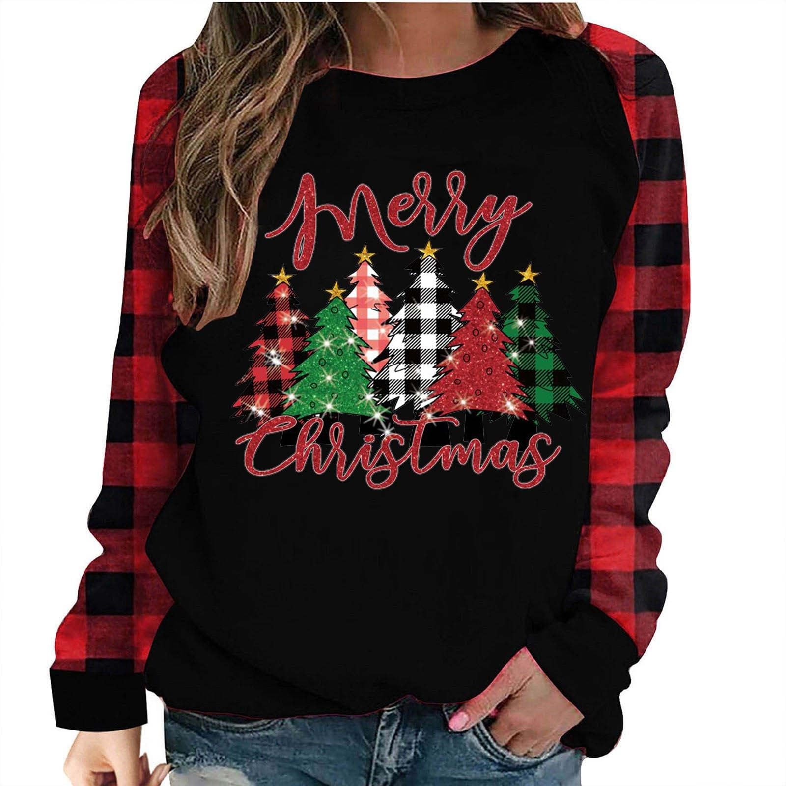 Merry Christmas Tree Shirts for Women Xmas Plaid Leopard Tree Graphic Long Sleeve T-Shirts Holiday Casual Tee Tops