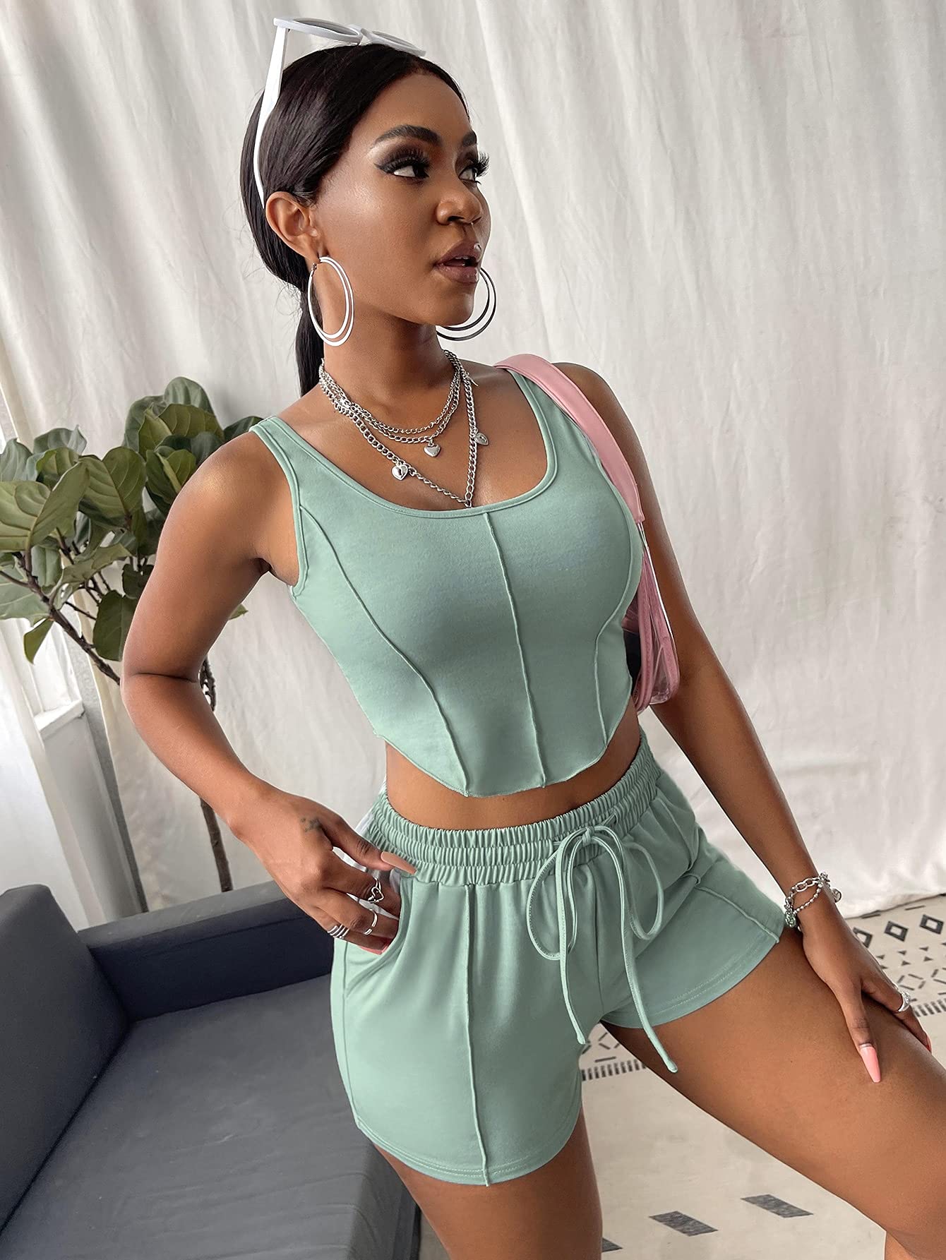 SOLY HUX Women's Crop Tank Top and Drawstring Waist Track Shorts Set 2 Piece Outfits Mint Green M
