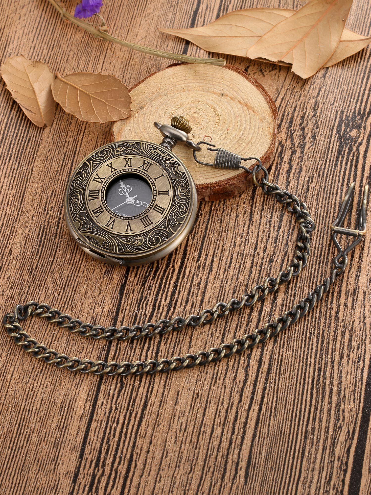 Mudder Vintage Roman Numerals Scale Quartz Pocket Watch with Chain (Gold)