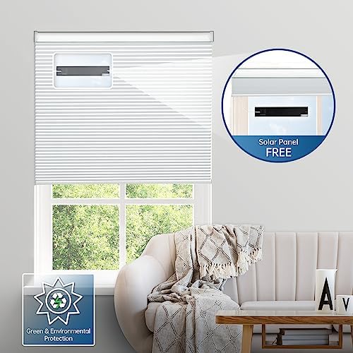 Motorized Cellular Shades with Remote【Free Solar Panel】 100% Blackout Cellular Shades, Smart Honeycomb Shades Cordless Room Darkening Shades, 29" Wx64 H, White